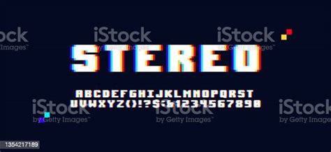 3d 픽셀 글꼴 복고풍 비디오 게임 미학 80 년대 빈티지 타이포그래피 문자와 스테레오 효과와 숫자 어두운 배경에 픽셀화 서체 컴퓨터 글자에 대한 스톡 벡터 아트 및 기타