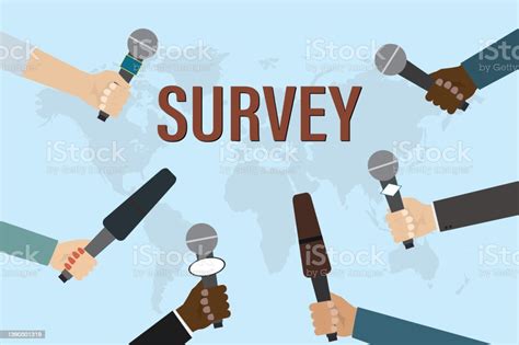 다양한 언론인들의 손이 마이크를 들고 있다 온라인 설문 조사 개념 배너 템플릿 인터뷰 또는 보도 자료 미디어는 의견이나 피드백을 원합니다 글로벌 비즈니스에 대한 스톡 벡터