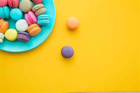 노란색 배경에 파란색 접시에 있는 화려한 프랑스 마카롱이 공간을 복사합니다 0명에 대한 스톡 사진 및 기타 이미지 0명 개념 개체 그룹 Istock