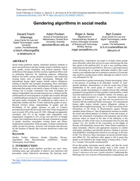 PDF Gendering Algorithms In Social Media