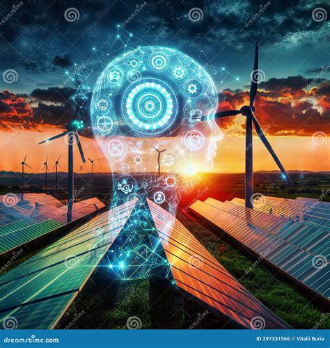 Conceptual Image With Artificial Intelligence Made Of Solar Panels And Wind Turbines Generative