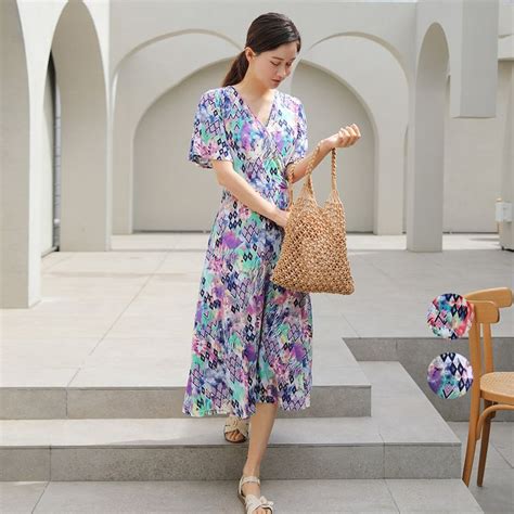 포스티 프롬코 자체제작 여름 휴가 수채화 휴양지 랩 원피스55 88 Frc59 바이올렛 레드