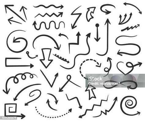 손으로 그린 화살표 낙서 검은 화살표 그리기 직선 및 곡선 포인터 위 또는 아래 방향 선 화살표 아이콘 벡터 세트를 스 와이프