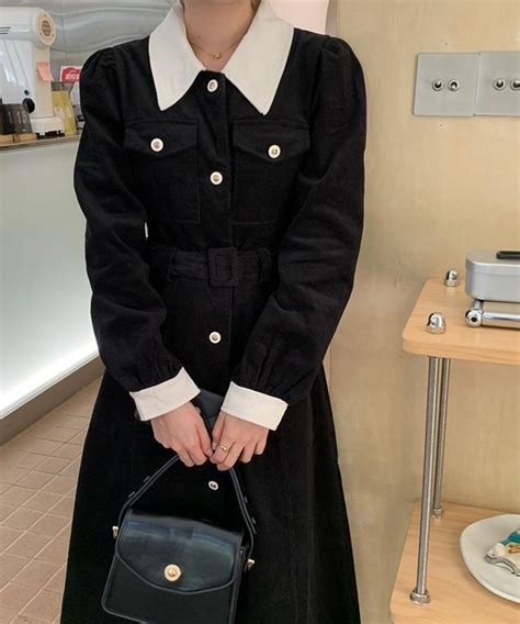 배색 싱글 카라 퍼프숄더 앞포켓 허리벨트 슬림핏 세미 A라인 코듀로이 트렌치 롱 원피스 가을 겨울 코트형원피스 골덴원피스 하이웨스트 허리잘록 허리강조 날씬해보이는 격식룩