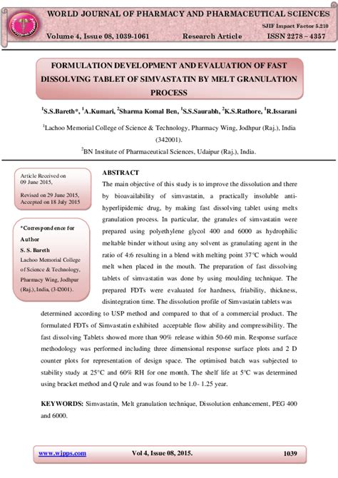 Pdf Formulation Development And Evaluation Of Fast Dissolving Tablet Of Simvastatin By Melt