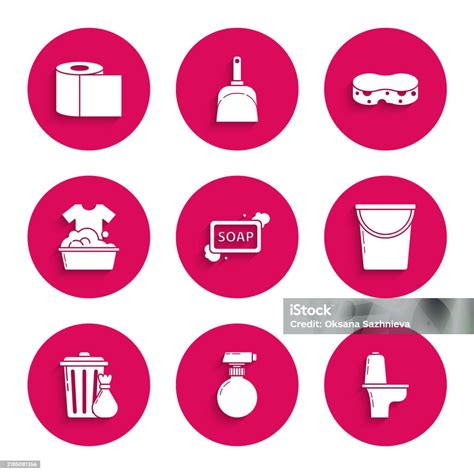 거품이 있는 비누 바 세트 변기 양동이 쓰레기통 및 쓰레기 봉투 플라스틱 세면대 비눗물 스폰지 및 종이 롤 아이콘 벡터 가사 집안일에 대한 스톡 벡터 아트 및 기타 이미지