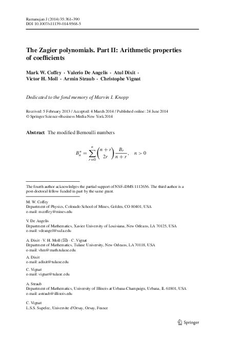 Pdf The Zagier Polynomials Part Ii Arithmetic Properties Of Coefficients