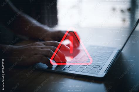 Hacker Or Programmer Using Laptop With Triangle Caution Warning Sign Coding Cryptography