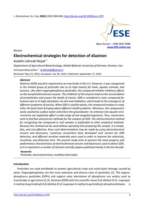 Pdf Electrochemical Strategies For Detection Of Diazinon A Review Review