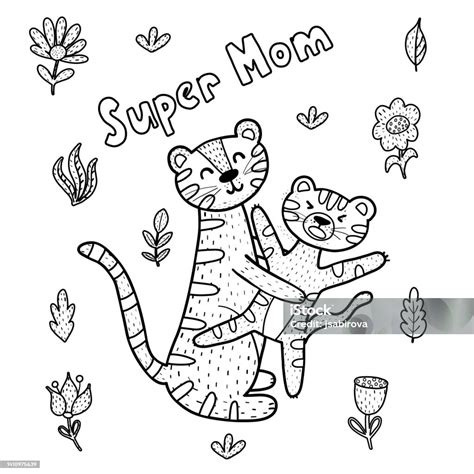 귀여운 호랑이와 슈퍼 엄마 색칠 공부 페이지 엄마와 아기 꽃 식물에 대한 스톡 벡터 아트 및 기타 이미지 꽃 식물 색칠하기 아이 Istock
