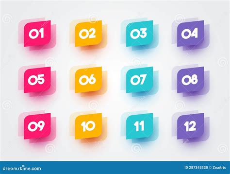 twelve colorful bullet points labels stock vector illustration of