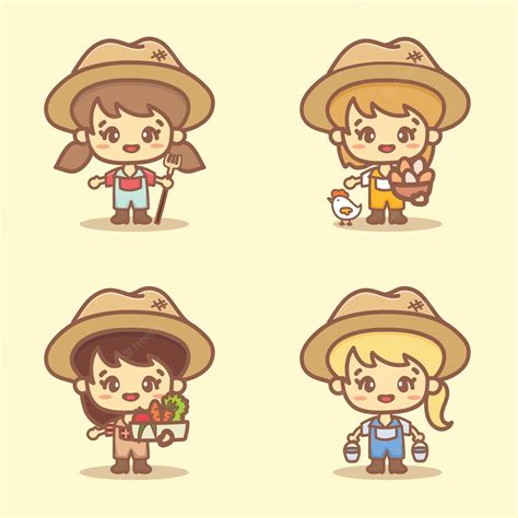 어린이 캐릭터를 위한 농부 직업 의상 삽화 세트입니다 귀여운 만화 벡터 디자인입니다 프리미엄 벡터