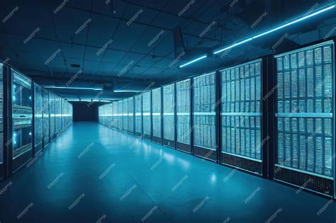 파란색 네온 색상으로 된 데이터 서버 내부의 래스터 그림 랙 서버 네온 조명 데이터 센터 전선 전자 제품 정보 복도 3d 아트웍