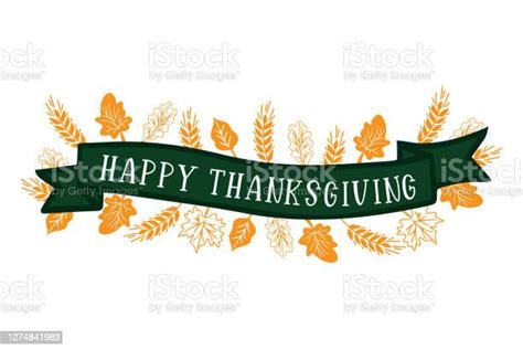 엽서 전단지 포스터 배너 로고 헤더를 위한 리본이 있는 핸드 그린 해피 추수감사절 인용문 추수감사절 축하 편지 추수감사절에 대한
