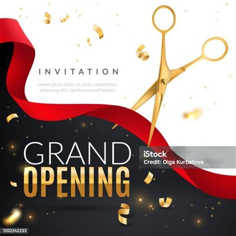 그랜드 오프닝 빨간 실크 리본을 자르는 황금 색종이와 가위 취임식 배너 오프닝 축하 벡터 포스터 취임식에 대한 스톡 벡터 아트 및 기타 이미지 Istock