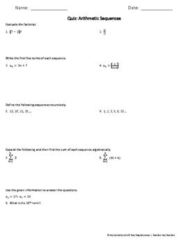 Precalculus Quiz Arithmetic Sequences By My Geometry World TPT