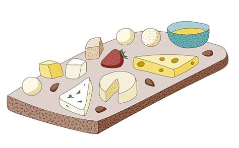 낙서 만화 힙스터 스타일 컬러 벡터 일러스트 치즈 세트 아몬드 꿀 그릇 바 레스토랑 메뉴 광고 포스터 카드 농민 시장 음식 장식 웹 사이트 디자인 또는 스티커 치즈보드에
