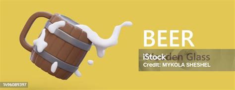 손잡이가 있는 3d 나무 머그잔 색깔이 있는 배경에 가로 배너 맥주로 가득 찬 머그잔 3차원 형태에 대한 스톡 벡터 아트 및 기타 이미지 3차원 형태 Ale 가득 찬