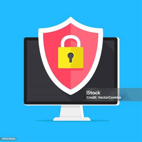 컴퓨터 보안 데이터 보호 사이버 보안 개념 화면 보호막이 있는 데스크톱 컴퓨터 현대 평면 디자인 그래픽 요소입니다 벡터 일러스트레이션 0명에 대한 스톡 벡터 아트 및 기타