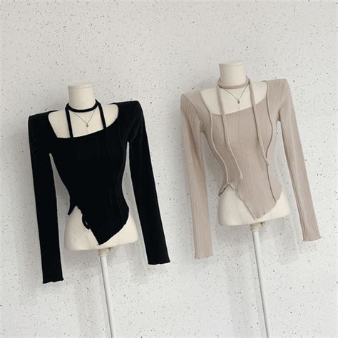 [당일출고 초커세트 ] 겉기모 Y2k 발레코어룩 골지 니트 투웨이 스카프 머플러 리본 스트랩 레이어드 크롭 언발 절개 긴팔 티셔츠 4color 에이블리