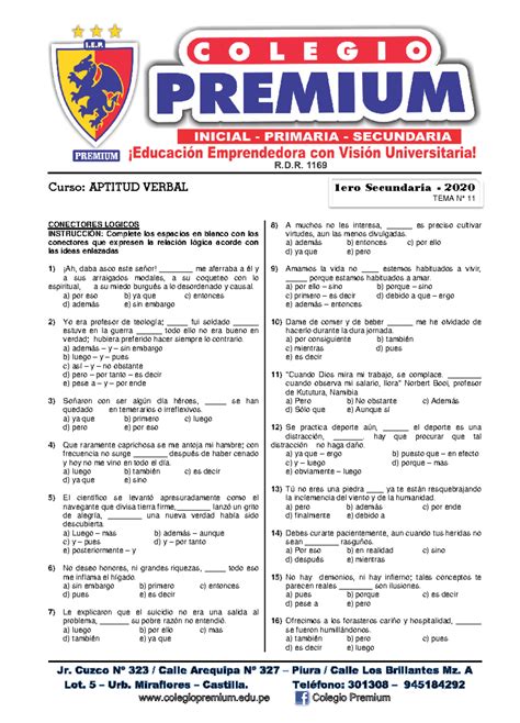 Aptitud Verbal 1ero 2020 11 Conectores Logicoss Curso Aptitud Verbal 1ero Secundaria 2020 Aptitud Verbal 1ero 2020 11 Conectores Logicoss Curso Aptitud Verbal 1ero Secundaria 2020