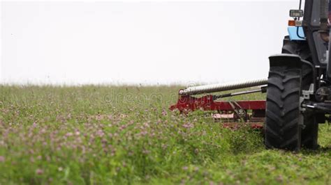 Line Of Agriculture Tractors Cutting On Grass Margin At Farm Stock
