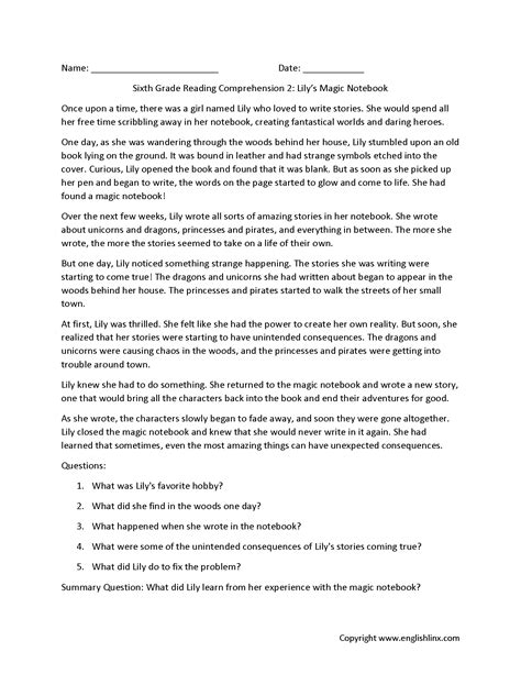 Reading Comprehension Worksheets Sixth Grade Reading Comprehension Worksheets