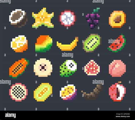pixel exotic fruits cartoon stylized fruit icons for 2d game 8 bit sprite graphic game asset