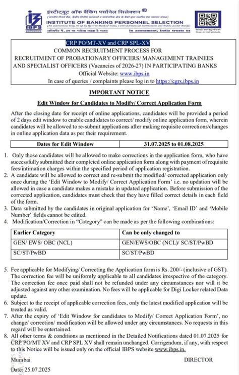 IBPS PO Recruitment Online Form Correction Window Open For PO SO