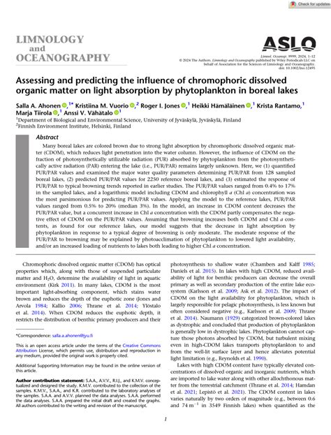 Pdf Assessing And Predicting The Influence Of Chromophoric Dissolved Organic Matter On Light