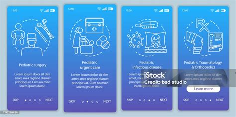 소아과 서비스 온보딩 모바일 앱 페이지 화면 벡터 템플릿 건강관리와 의술에 대한 스톡 벡터 아트 및 기타 이미지 건강관리와 의술 고객 참여 그라데이션 Istock
