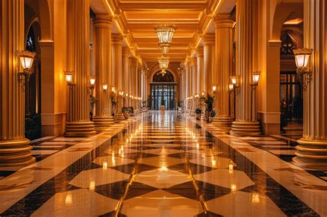 Luxurious Architecture With Golden Columns And Elegant Lighting In A Prestigious Government