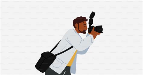 사진 카메라와 가방을 어깨에 메고 사진을 찍는 전문 사진작가 카메라맨 전문 직업 창작 취미 여행 또는 직장 직업 남성 캐릭터 활동 만화 벡터 일러스트레이션 벡터
