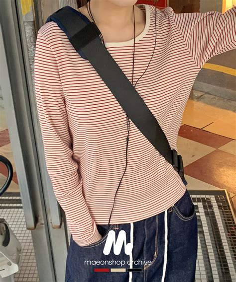 마이온샵 단독 캐주얼무드🌷기본템 Made 르바나 스트라이프 골지 긴팔티셔츠 44~88 단가라 배색라운드넥 레이어드 장마템 골지티셔츠 라운드넥티셔츠 루즈핏