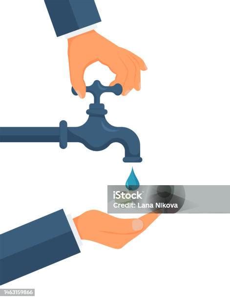 손은 수도꼭지를 열거 나 닫고 물을 절약하고 에코 및 세계 물의 날의 개념입니다 개념에 대한 스톡 벡터 아트 및 기타 이미지 개념 기포 돌기 Istock