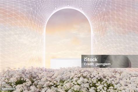 Abstact 3d 렌더링 봄 장면 및 자연 연단 배경 흰 꽃 들판에 흰색 연단 배경 메쉬 빔 아치 하늘 및 구름 제품