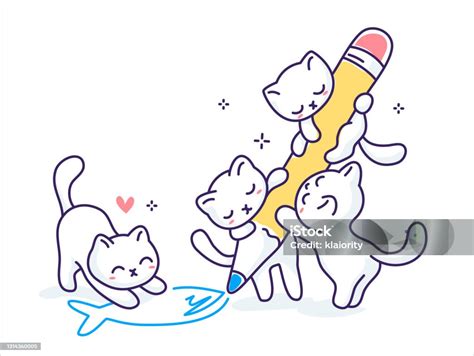 연필 드로잉 물고기와 귀여운 행복한 고양이의 벡터 그림 고양이 새끼에 대한 스톡 벡터 아트 및 기타 이미지 고양이 새끼