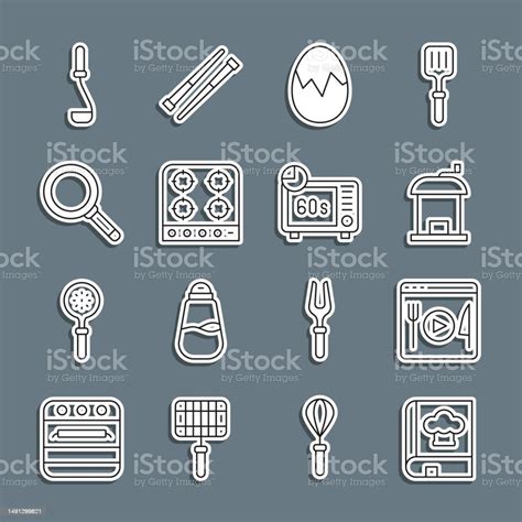 세트 라인 요리 책 요리 라이브 스트리밍 수동 커피 그라인더 깨진 달걀 가스 렌지 프라이팬 주방 국자 및 전자 레인지 아이콘 벡터 Live Event에 대한 스톡 벡터 아트