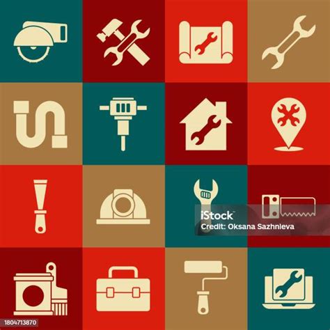 노트북 서비스 손톱 렌치가있는 위치 그래프 용지 건설 착암기 산업 파이프 전기 원형 및 집 수리 아이콘을 설정합니다 벡터 건설 산업에 대한 스톡 벡터 아트 및 기타 이미지