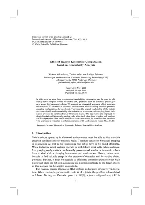 Pdf Efficient Inverse Kinematics Computation Based On Reachability Analysis