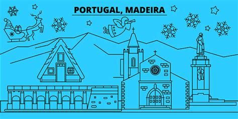 포르투갈 마데이라 겨울 휴일 스카이 라인입니다 메리 크리스마스 해피 뉴가 어 장식 산타 Clausportugal 마데이라 선형 크리스마스 도시 벡터 평면 일러스트와 배너