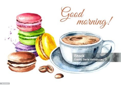 전통 프랑스 화려한 케이크 마카롱 이나 모닝 커피와 함께 마 카 롱 흰색 배경에 고립 수채화 손으로 그린 그림 수채화에 대한 스톡 벡터 아트 및 기타 이미지 Istock