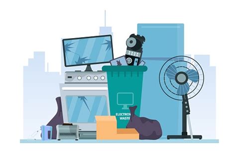 오래된 깨진 가전 제품 및 전자 제품 전자 폐기물 덤프의 더미 쓰레기통에 파괴된 장치 전기 쓰레기 재활용 플랫 벡터 개념 전자