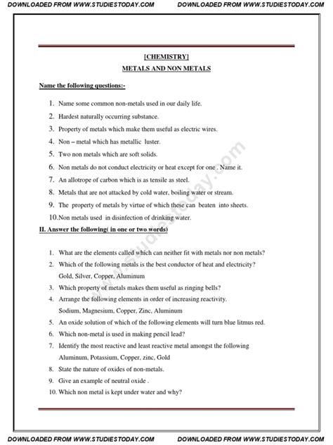 Class 8 Science Worksheet Materials Metals And Non Metals Part B