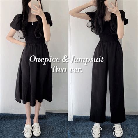 원피스점프수트2ver 스모크 밴딩 반팔 점프수트 And 퍼프 소매 롱 플레어 원피스 에이블리