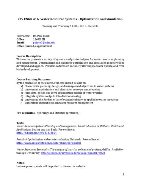 Water Resources Systems Analysis Syllabus 2 Pdf Mathematical Optimization Simulation