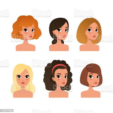 아름 다운 여자 머리의 집합입니다 여자 아바타 프로필 모바일 게임 영웅 초상화 사람 창조 생성자 만화 벡터 일러스트레이션 갈색