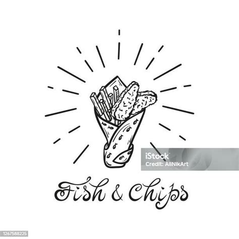 종이 코넷의 피시 앤 칩스 전통적인 영국 패스트 푸드 손으로 그린 낙서 스케치 프라이드 대구 물고기와 감자 감자 튀김 해산물과 야채 길거리 음식 메뉴 또는 라벨 디자인 벡터
