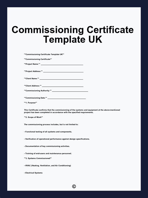 Commissioning Certificate Template Uk