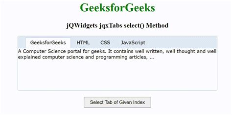 Jqwidgets Jqxtabs Select Method Geeksforgeeks